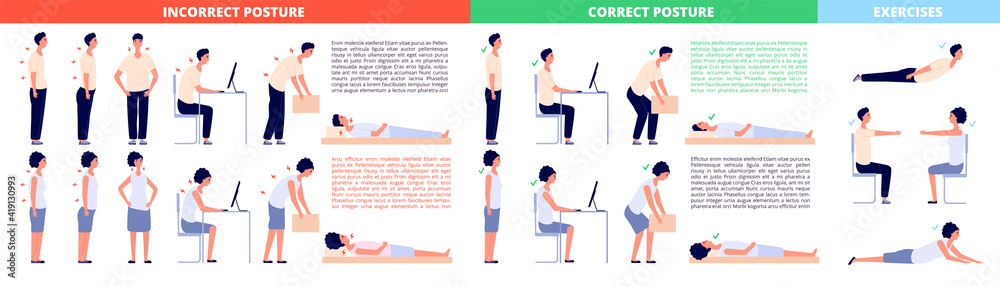 Correct positions. Posture infographics, female ergonomic postures ...