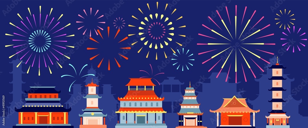 Japanese festival firework. Japan festive fireworks, asian summer party ...