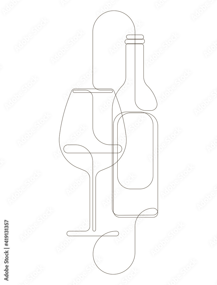 Continuous single line drawing of a bottle of wine and a glass. Hand ...