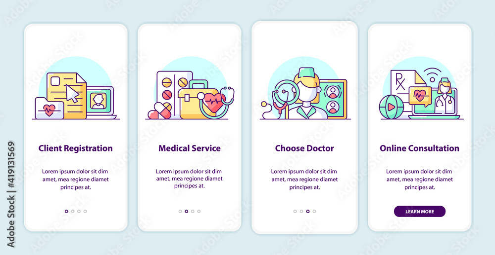 Modern health care onboarding app screen pages. Smartphone application ...