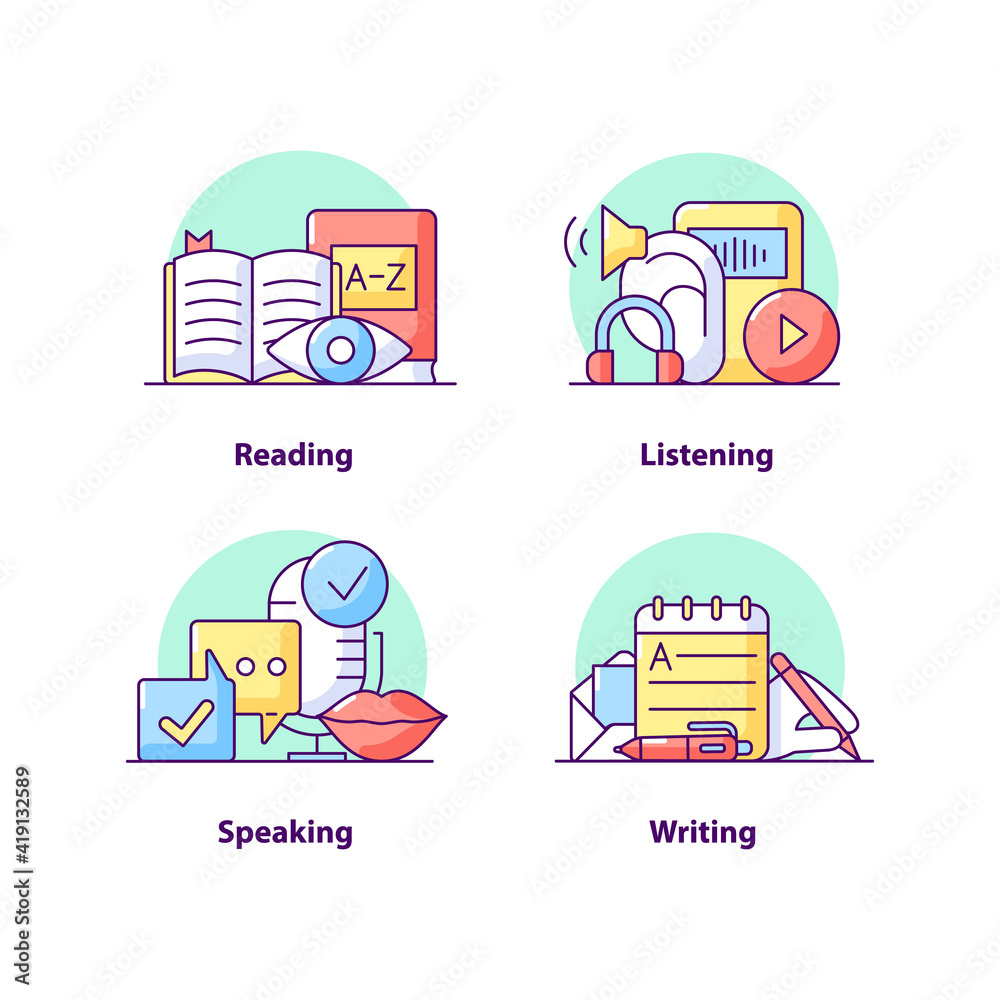 Education creative UI concept icon set. Reading and listening abstract ...