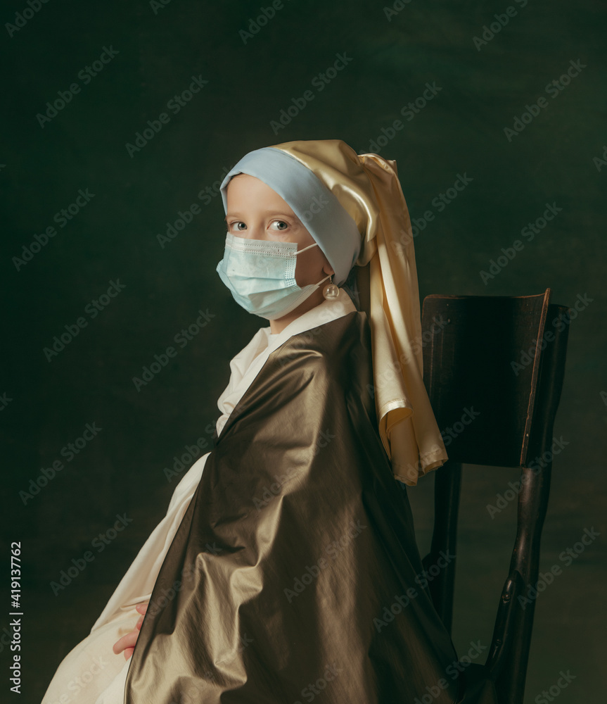 Protective face mask. Medieval little girl as lady with a pearl earring ...