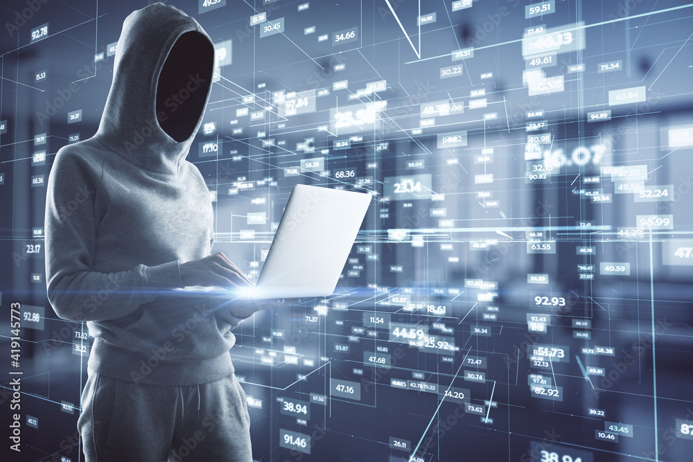 Big data security concept with noface hacker with laptop and digital ...