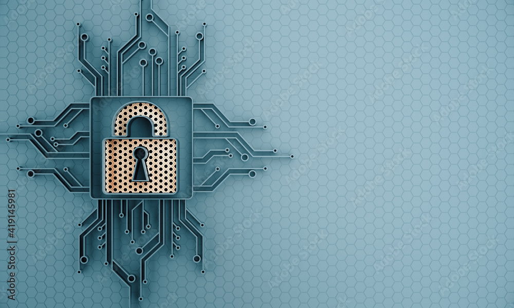 Cyber security concept with 3D circuit lock and copyspace for your logo ...