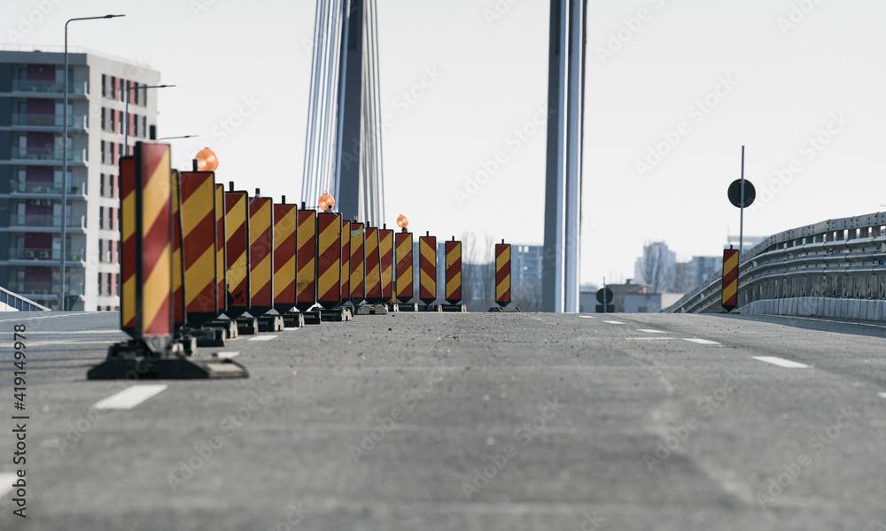 Traffic signs with orange and red colours used to deviate car traffic ...