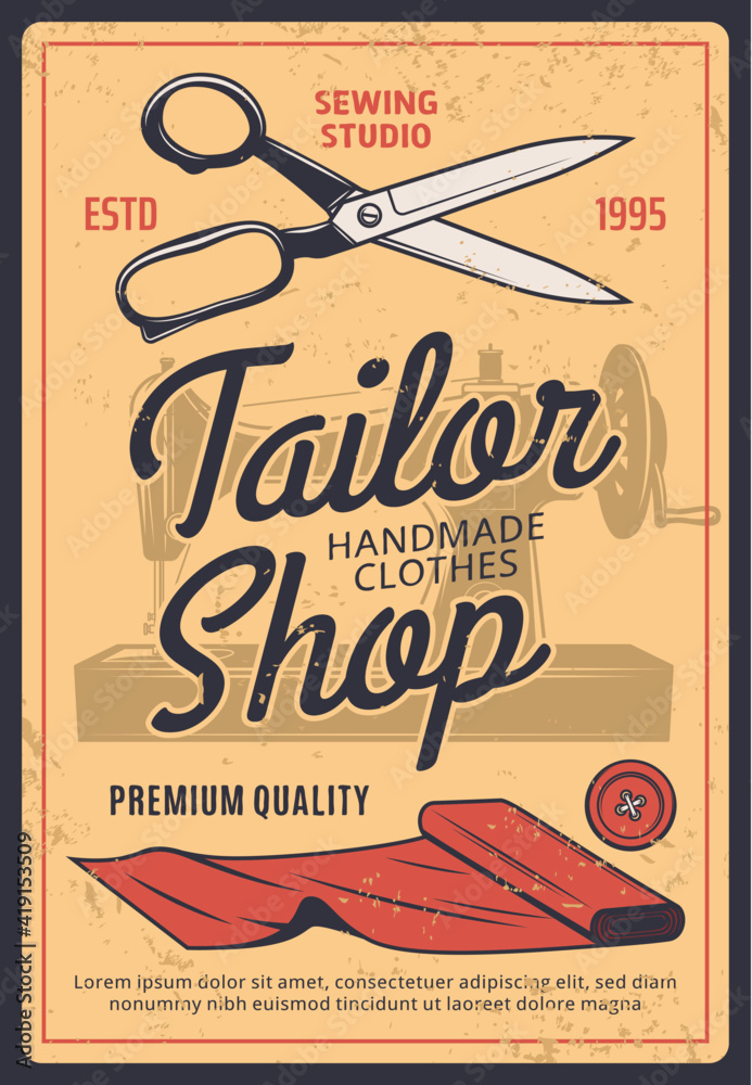 Tailor shop retro vector poster with scissors, sewing machine, button ...