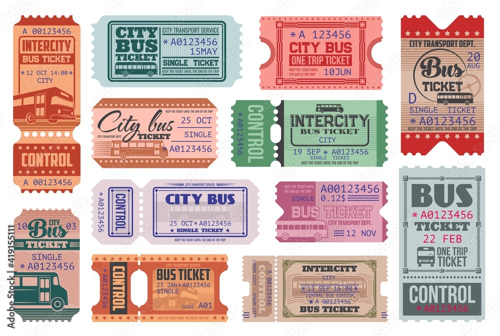 City bus ride retro tickets vector templates set. Passenger ...