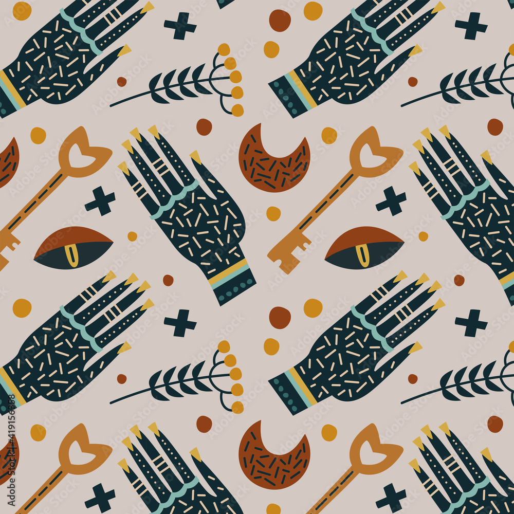 Vector illustration of witchcraft symbols hands with tattoos and plant ...