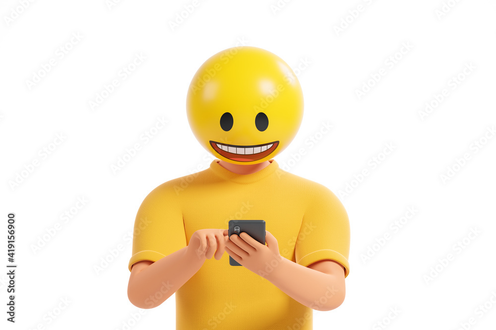 Portrait of happy cartoon character man with emoji smile head using ...