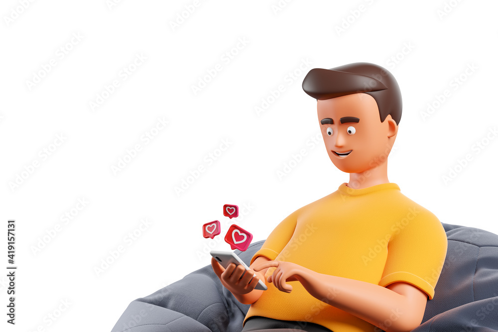 Cartoon character man use smartphone with like heart icons isolated ...