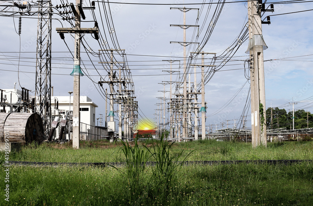 High-voltage stations in the industrial area. Stock Photo | Adobe Stock