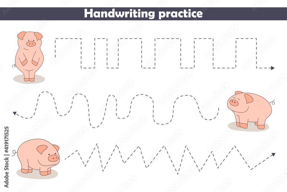 Vecteur Stock Handwriting practices with pigs. Children's cartoon tasks ...