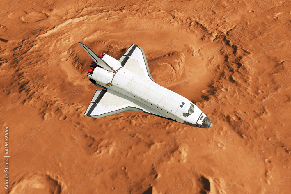 Foto de Space rocket shuttle flies over the red planet Mars, top view ...