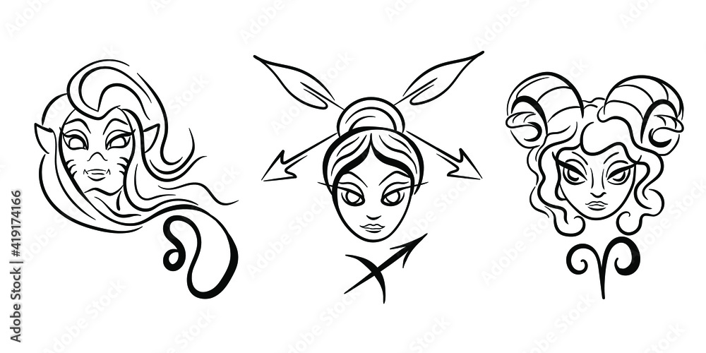 collection of linear drawings of zodiac signs. abstract representation ...