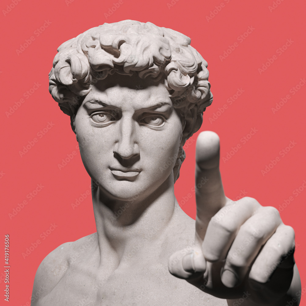 Pressing finger of David Michelangelo statue, touch to screen hand ...