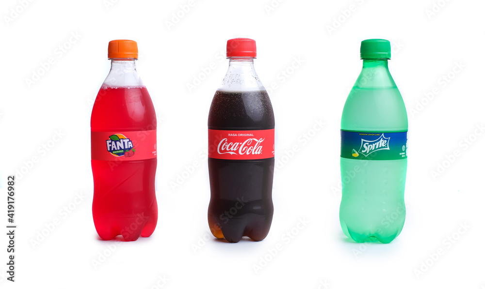 Yogyakarta, 09 March 2021: Fanta, Coca cola, and Sprite plastic bottle ...