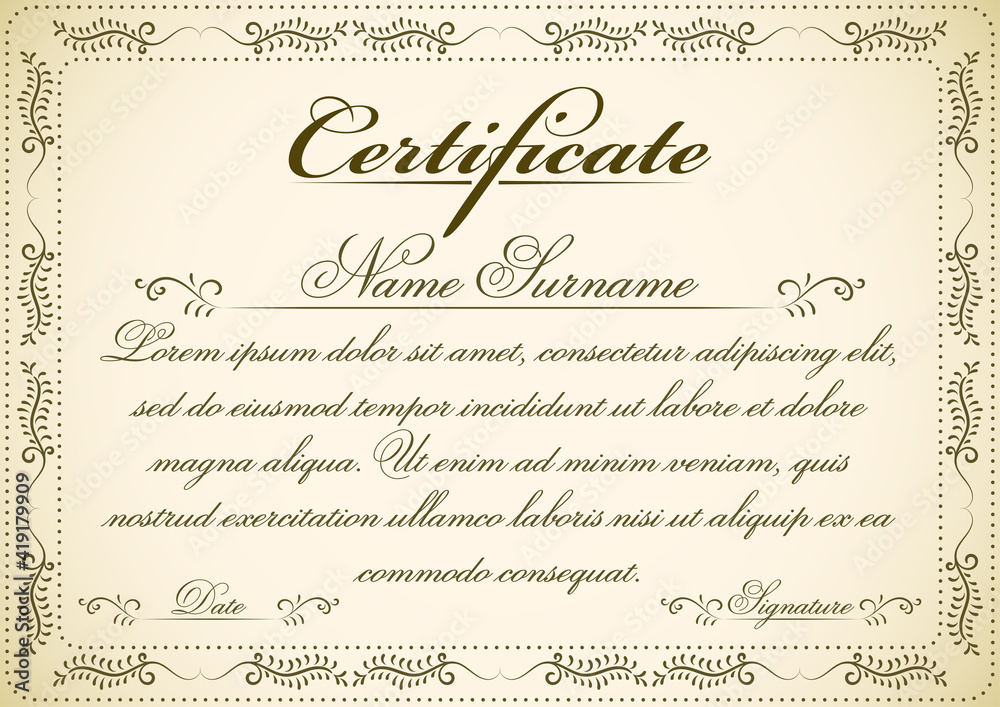 A4 size vintage certificate vector illustration with retro style frame ...
