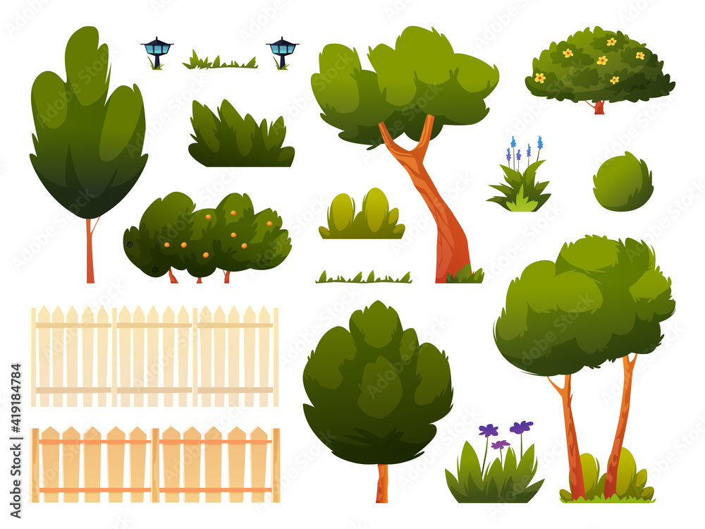 Set of green trees, bushes, grass and flowers, fence or hedge isolated ...
