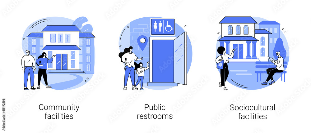 Public places abstract concept vector illustration set. Community ...