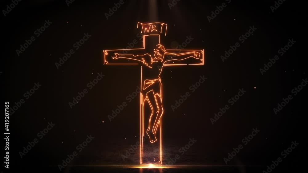 Jesus Christ on cross being drawn with golden light on black background ...