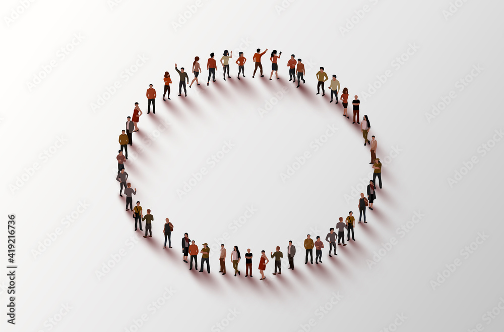 Large group of people in the shape of a circle on white background ...