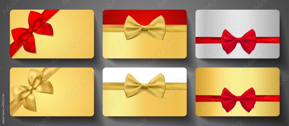 Gift card design collection. Blank template with red ribbon gold bow on ...