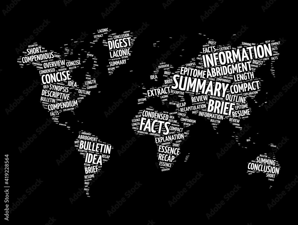 Summary word cloud in shape of world map, concept background Stock ...