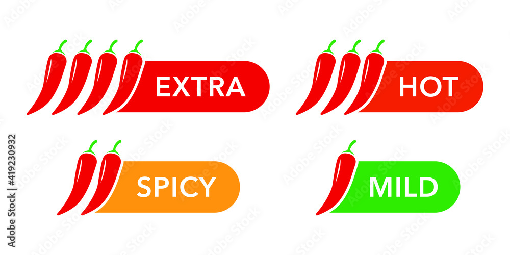 Spicy chili pepper level labels. Food symbol. mild and extra hot sauce ...