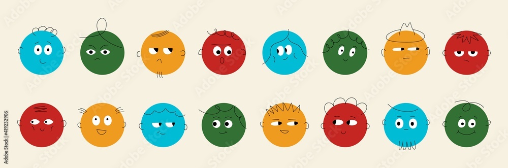 Round cartoon comic faces. Colorful emoji characters, abstract ...