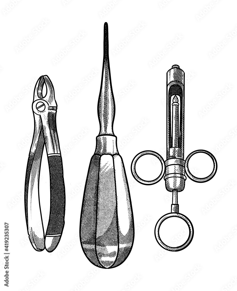 Hand drawing, line art, engraving, ink Dental Tools Illustration ...
