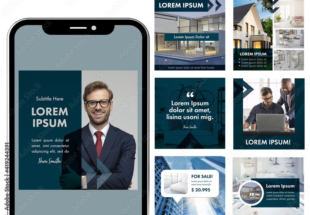 Blue Business Social Media Post Set Stock Template | Adobe Stock