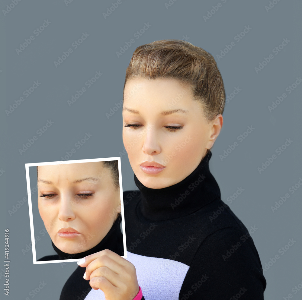 Aging. Mature woman-young woman.Face with skin problem.Showing photos ...