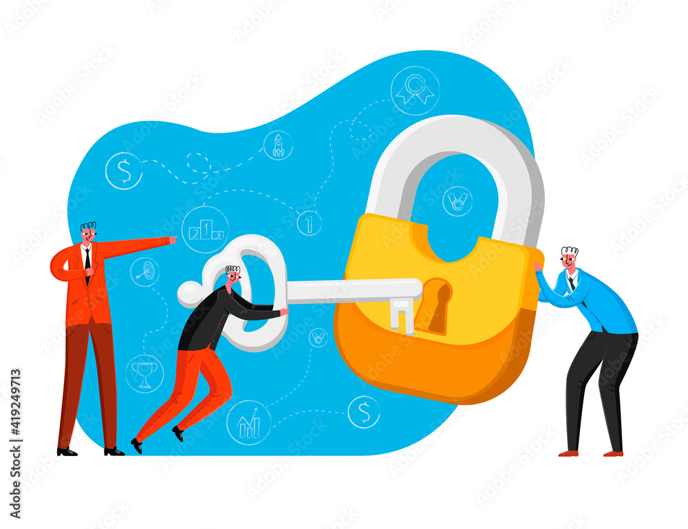 Vector illustration of metaphor with characters, businessmen who open ...
