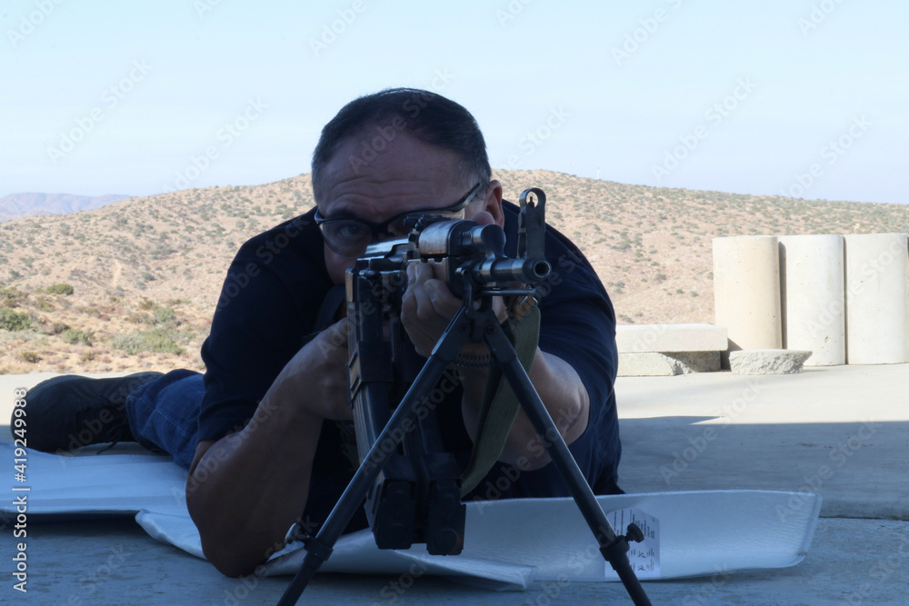 sharpshooter, rifle, man, outside, latino, hills, tripod, cement ...
