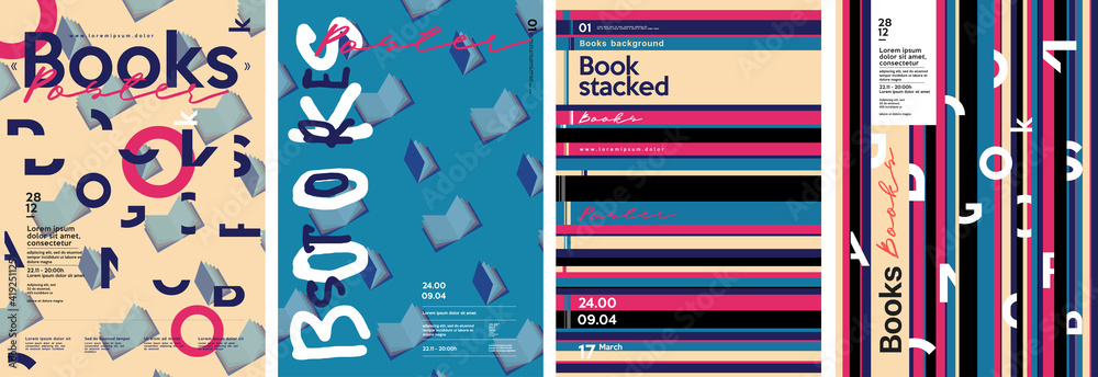 Books. Book-themed posters. Set of vector illustrations. Stylized stack ...