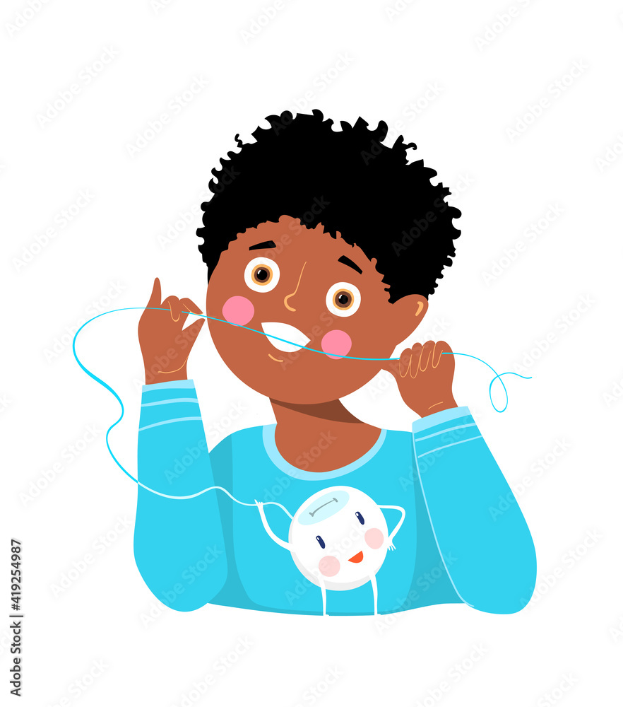 Happy African American black Boy flossing his teeth, with funny floss ...