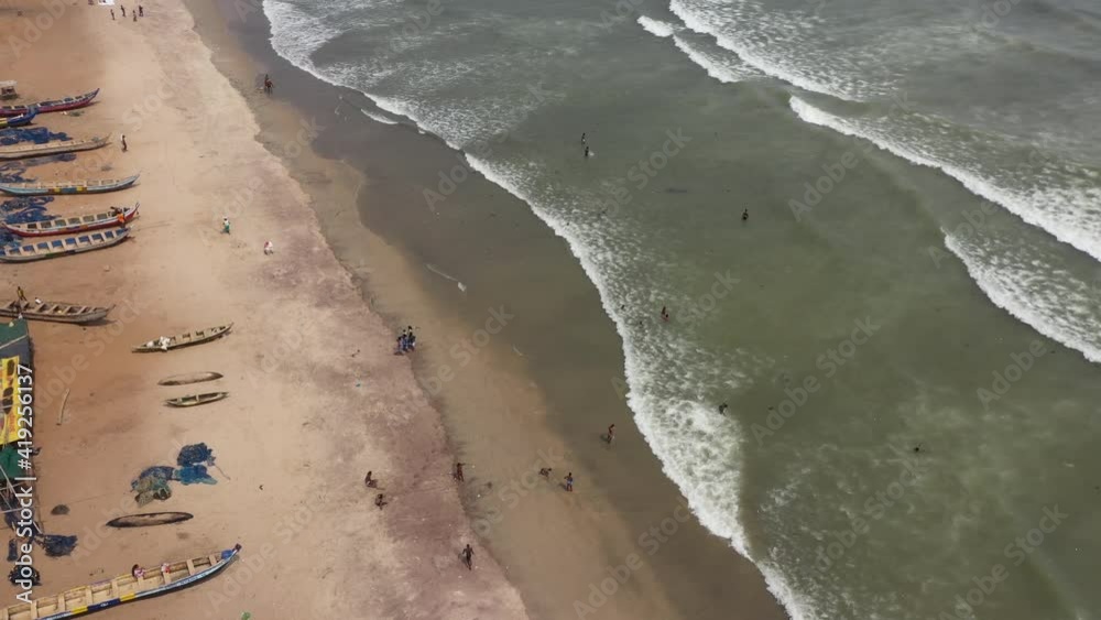 Aerial Sakumono Beach park swimmers boats near Accra Ghana. Bars, pubs ...