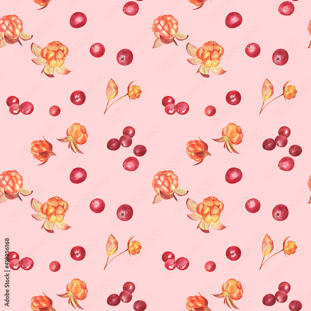 Cloudberries and cranberries seamless pattern on pink isolated ...