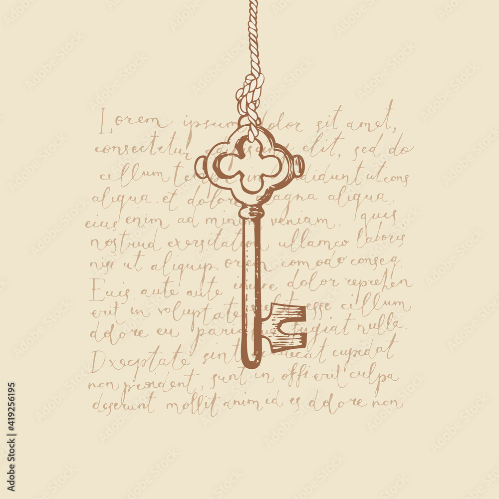 Vintage banner with an old hand-drawn key hanging on a string and ...