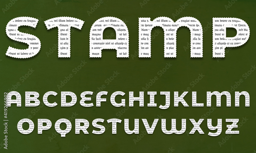 White bold stamp alphabet with perforated margin and fraktur lettering ...
