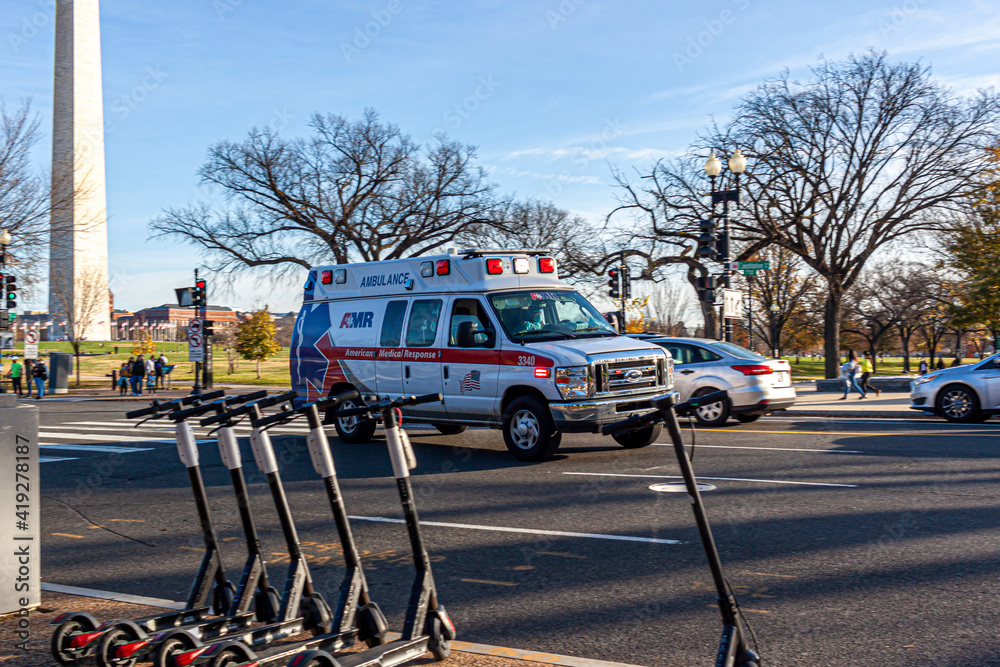 Washington DC, USA 11-29-2020: An American Medical Response Ambulance ...