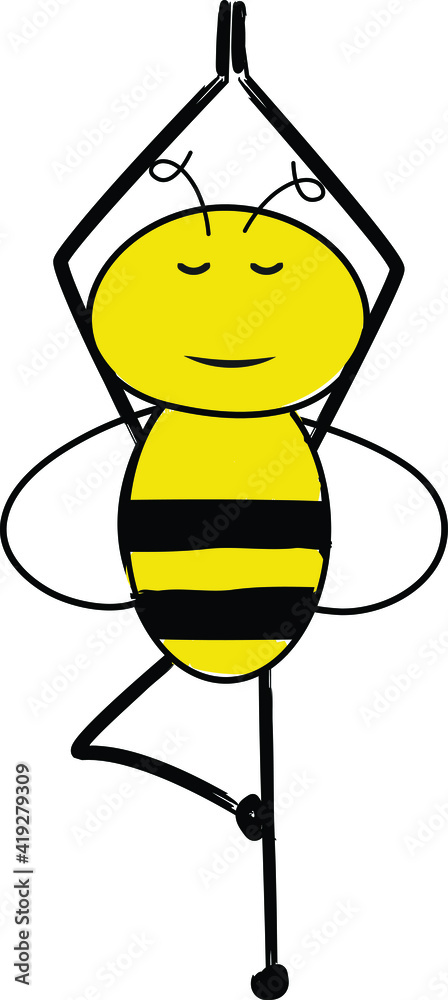 Cartoon cute bee standing on a foot and meditating. Peaceful bee in a ...
