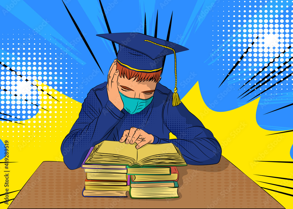 Male student preparing for exams with a lot of books, wearing ...