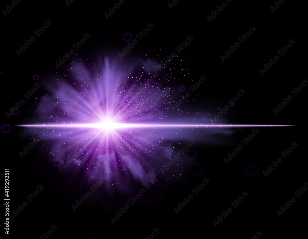 Purple burst with sparkle rays and lens flare effect. Glowing stars ...