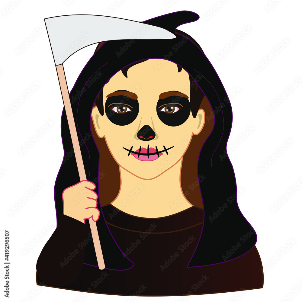 emoticon or emoji of angel of death in hood with a scythe, smiling grim ...