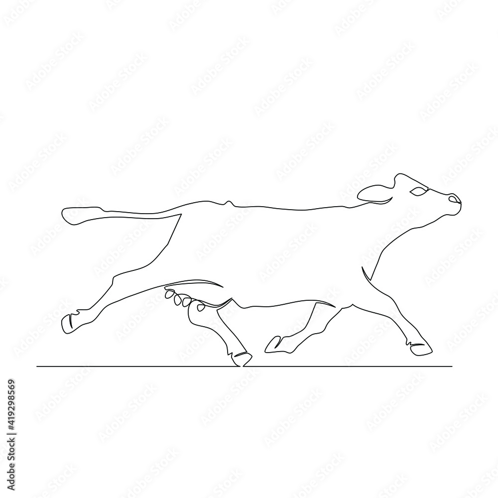 Line drawing of female cow running in meadow on white background ...