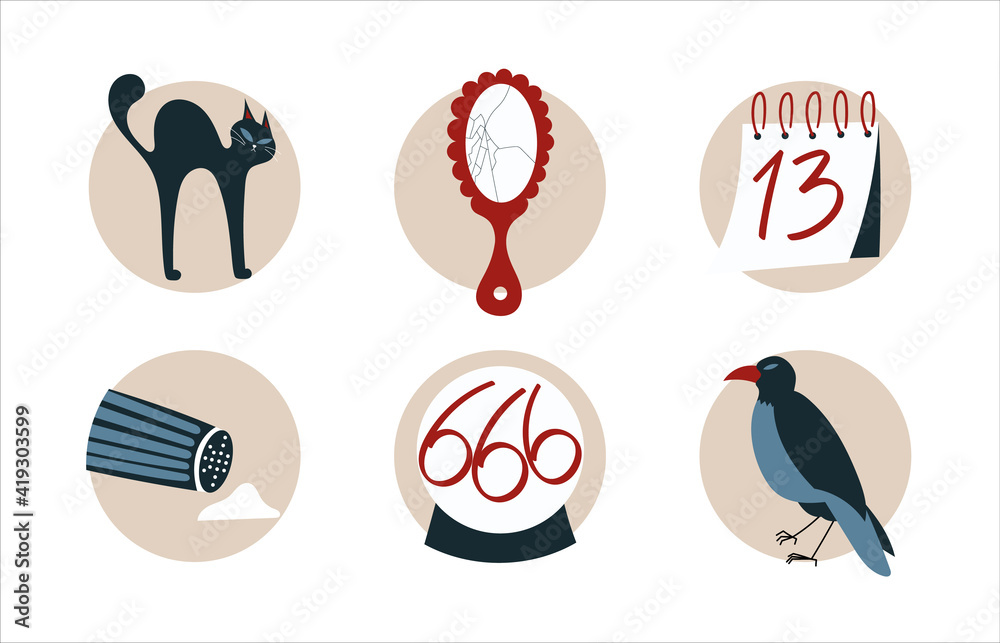 Set of bad luck symbols. Black cat, Friday 13th, number 666 in crystal ...