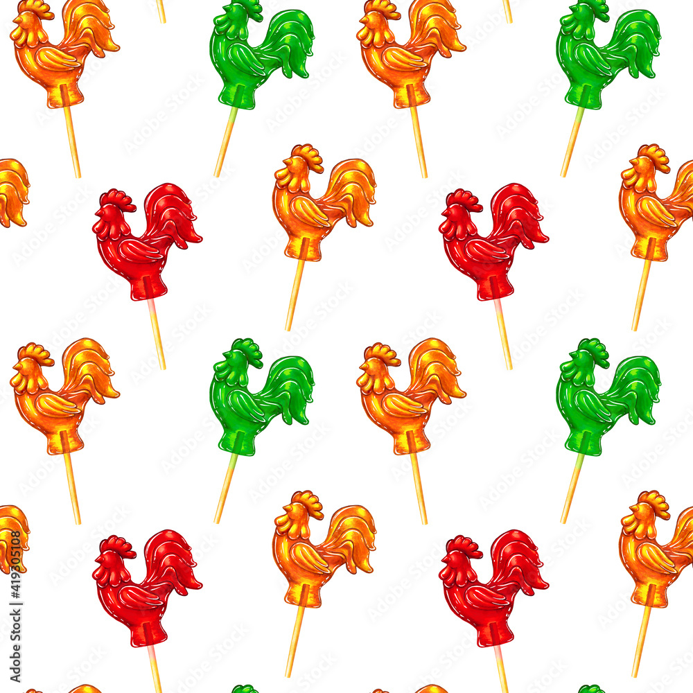 Seamless pattern hand-drawing of sweet caramel lollipops. Cockerel on a ...
