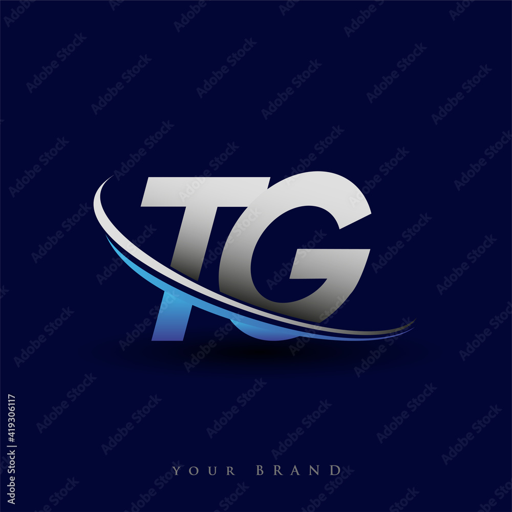 initial letter TG logotype company name colored blue and grey swoosh ...