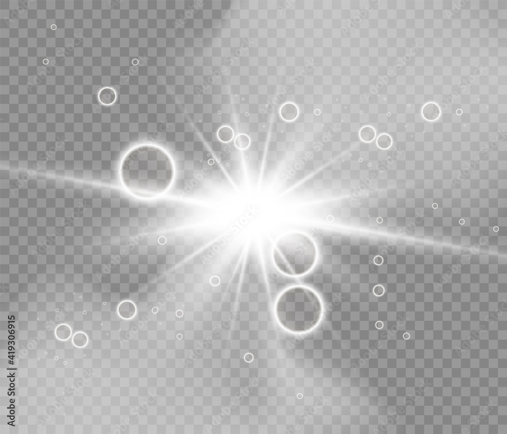 Glow isolated white transparent light effect set, lens flare, explosion ...